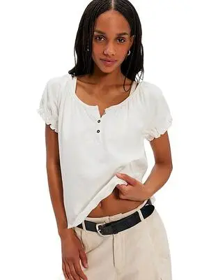 We The Free Puff Sleeve Henley Tee - Clean Ivory