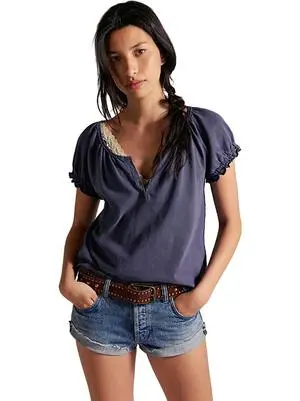 We The Free Puff Sleeve Henley Tee - Peacoat