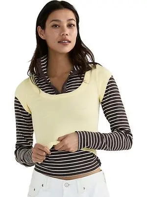 We The Free Ribbed Cotton-blend Scoop Neck T-shirt With Cap Sleeves - Double Butter