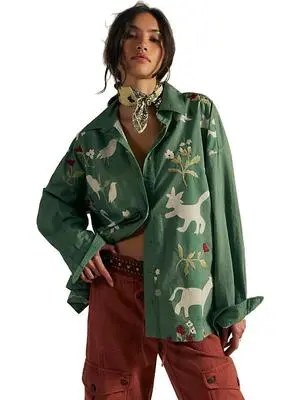 We The Free Critter Appliqué Button-down Shirt - Grass Combo