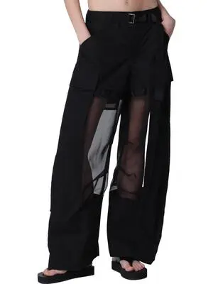 Sacai Cotton Cargo Trousers With Semi-sheer Inserts - Black