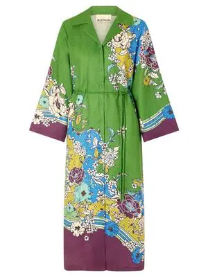 ALEMAIS Belted Floral Print Linen Midi Shirt Dress - Multi