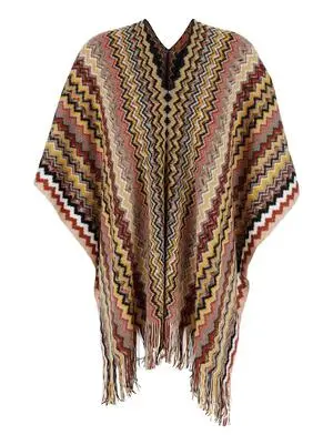 Missoni Zigzag Pattern Wool Poncho With Fringed Hem - Multi
