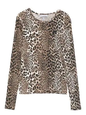 GANNI Long Sleeve Ribbed Leopard Print T-shirt - Multi