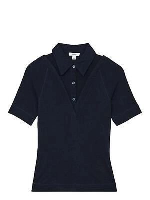 REISS Shona Collar-insert Stretch-knit Top - Navy