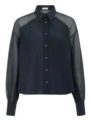 Brunello Cucinelli Silk Crêpe De Chine Paneled Shirt With Monili - Blue