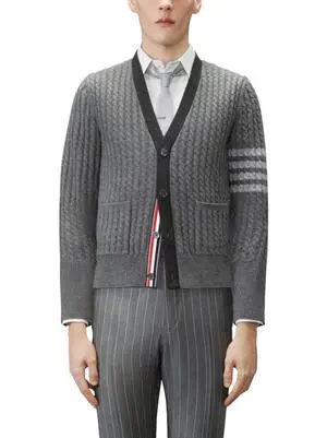Thom Browne Wool Cable-knit Cardigan With Signature Stripes - Grey