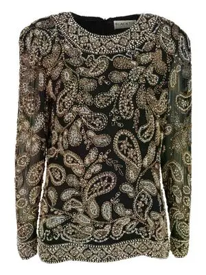 OLEG CASSINI VINTAGE Bead-embellished Paisley-print Top - Black