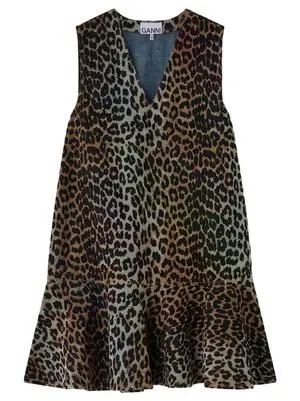 GANNI Leopard Print Denim Mini Dress With V-neckline And Ruffled Hem - Black