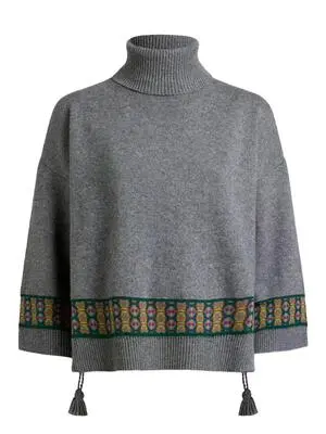 Etro Wool-blend Kimono Sweater With Tassels And Geometric Motif - Grey