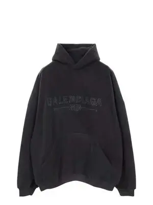 Balenciaga Logo Embroidered Fleece Hoodie - Black