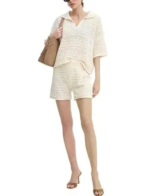 HAVEONE Crochet Knit V-neck Short Sleeve Top And Elasticated Waist Shorts Set - Neutrals