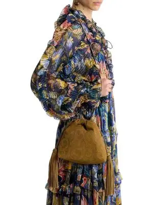 Etro Mini Suede Kalispera Bag With Tassels And Patch - Neutrals