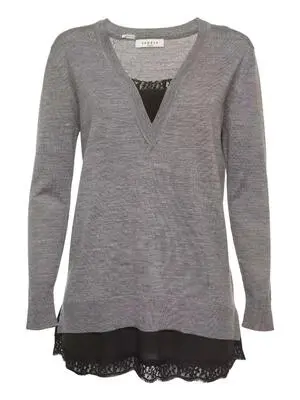 SANDRO SANDRO Grey Fine Knit Lace Trim V-Neck Sweater