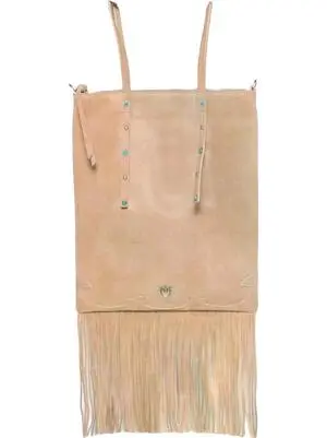 Pinko Mini Fringed Stud-embellished Suede Tote Bag - Neutrals