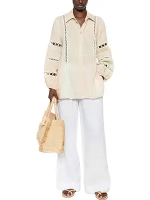 CLIPS Crochet Trim Linen Shirt With Classic Collar - Neutrals