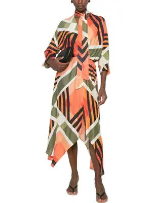 SIMONA CORSELLINI Geometric Print V-neck Pussy-bow Dress - Orange