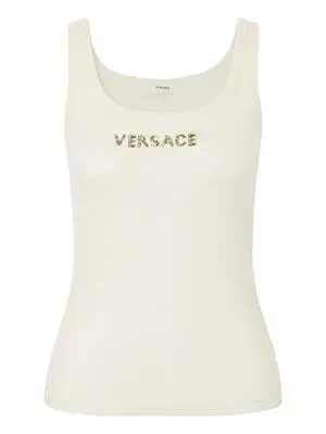 Versace Crystal And Bead-embellished Logo-embroidered Wool Tank - Neutrals