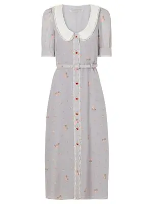 Alessandra Rich Belted Floral-print Silk-crepe De Chine Midi Dress - Gray