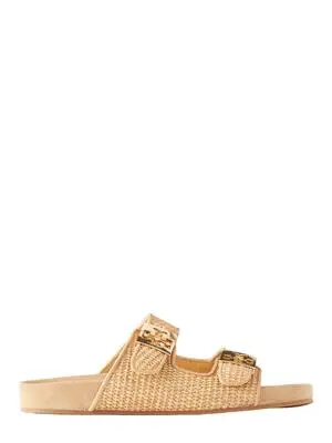 Tory Burch Mellow Embellished Raffia And Leather Sliders - Brown