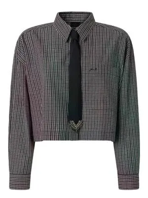 Pinko Cropped Check Shirt With Removable Tie - Grey