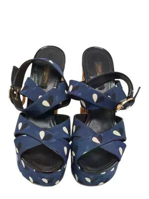 LOUIS VUITTON Navy Heart Print Espadrille Wedge Sandals - Blue
