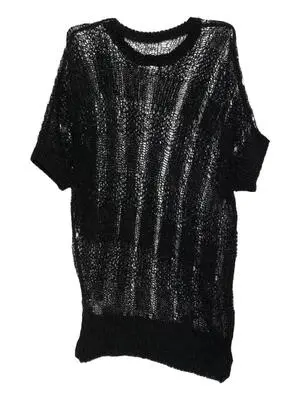 Y’s Plaid Loose-knit Asymmetric Drape Top - Black
