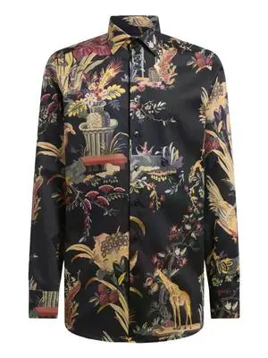 Etro Shirt In Cotton Satin With Flower And Animal-motif - Black