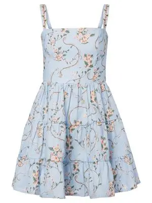 Agua Bendita Floral Tiered Linen Mini Dress - Blue