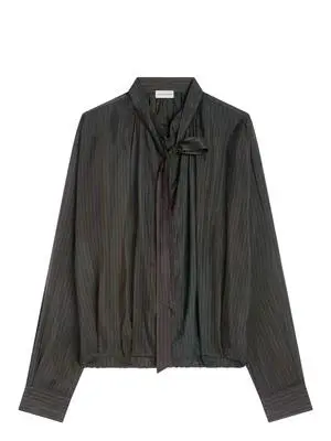 Dries Van Noten Striped Cupro Drawstring Blouse With Removable Scarf - Black