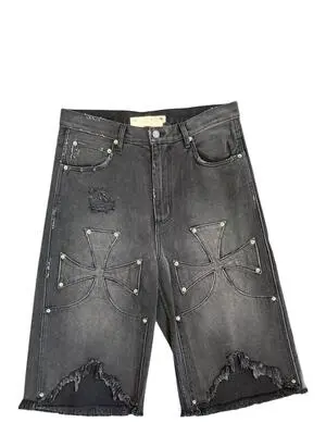 SEKRIT Distressed Denim Shorts With Cross Appliqu - Grey