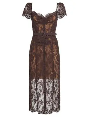 SELF-PORTRAIT Lace Floral Midi Dress - Brown
