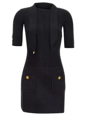 Elisabetta Franchi Ribbed Knit Tie Neck Dress - Black