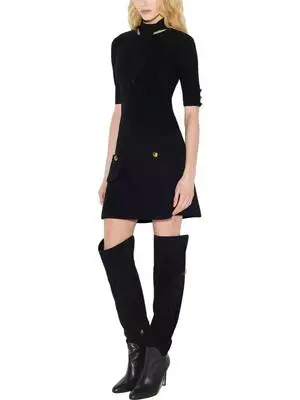 Elisabetta Franchi Ribbed Knit Tie Neck Dress - Black