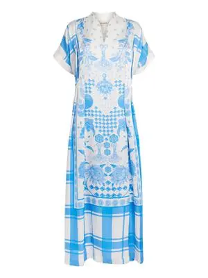 Verandah Printed Gingham Kaftan Maxi Dress - Blue
