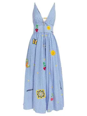 Camilla Cotton Striped Midi Dress With Fruit Appliqu - Blue