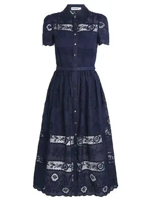 SELF-PORTRAIT Ramie Embroidered Midi Shirt Dress - Navy