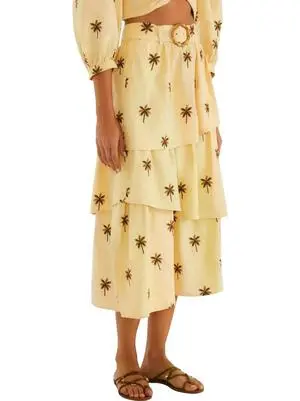 Farm Rio Belted Midi Skirt With Palm Tree Embroidery - Yellow