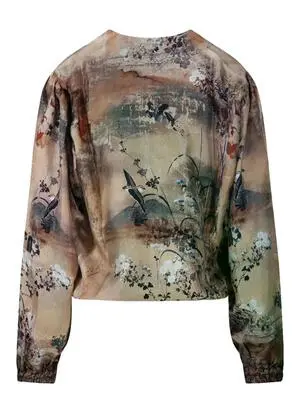 PIERRE-LOUIS MASCIA Floral Print V-neck Long Sleeve Blouse - Neutrals