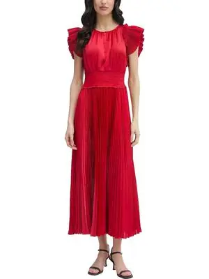 JOOP! Pleated Ruffled-sleeve Midi Dress - Red