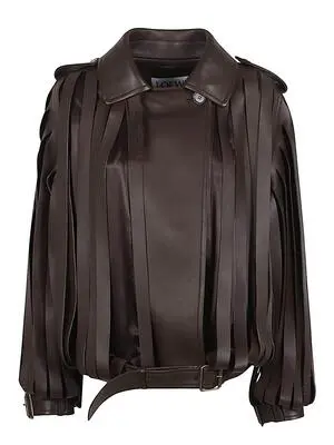 Loewe Leather Belted Jacket With Fringes - Brown