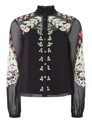 TEMPERLEY LONDON Rosalba Floral Embroidered High Neck Shirt - Black