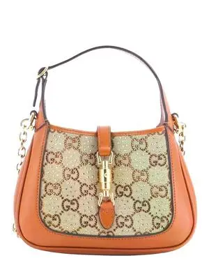 Gucci Jackie 1961 Chain Crystal Embellished Gg Canvas Mini Hobo Bag - Brown