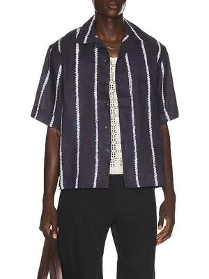 Commas Shibori Stripe Cuffed Camp Collar Shirt - Navy