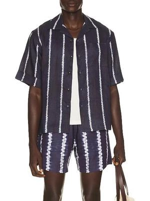 Commas Shibori Stripe Cuffed Camp Collar Shirt - Navy