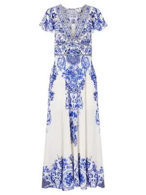 Camilla Embellished Printed Silk-crepe Midi Dress - Blue