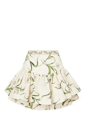 Agua Bendita Jacarina Ruffled Floral Linen Mini Skirt - Neutrals