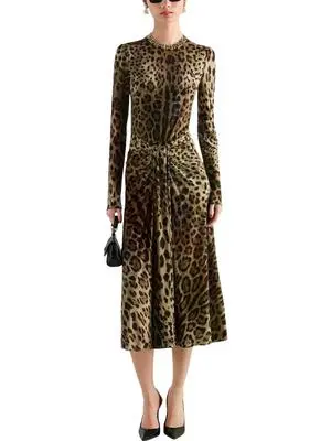 Dolce & Gabbana Leopard Print Viscose Jersey Long Sleeve Midi Dress - Neutrals