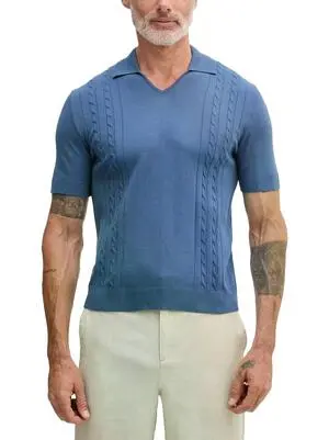 BENETTON Cable-knit V-neck Polo Shirt - Blue