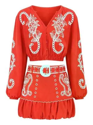 Farm Rio Embroidered Cropped Blouse - Red